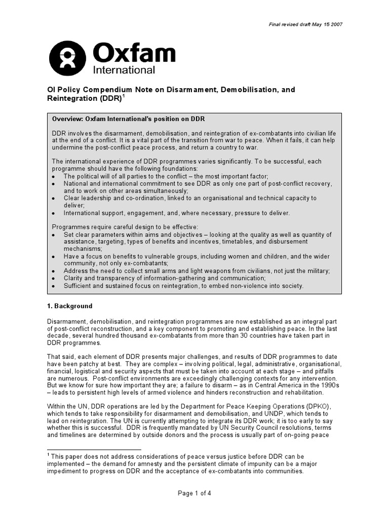 Disarmament, Demobilisation, and Reintegration | PDF | Oxfam | Disarmament