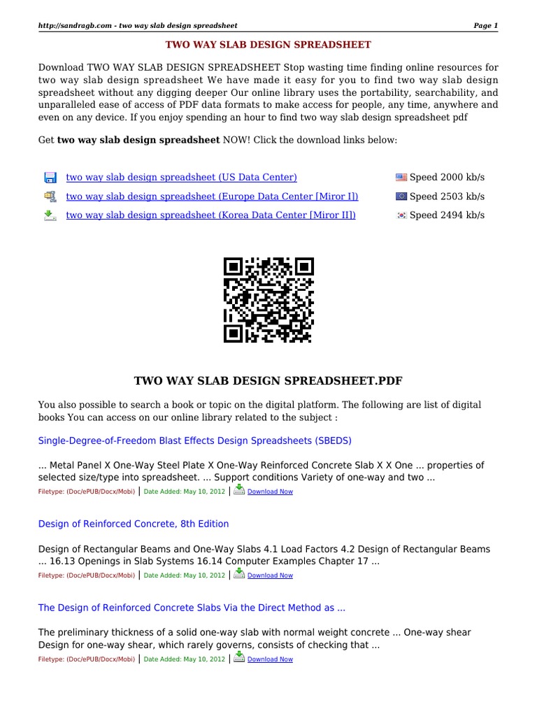 Two Way Slab Design Spreadsheet | PDF | Reinforced Concrete | Concrete
