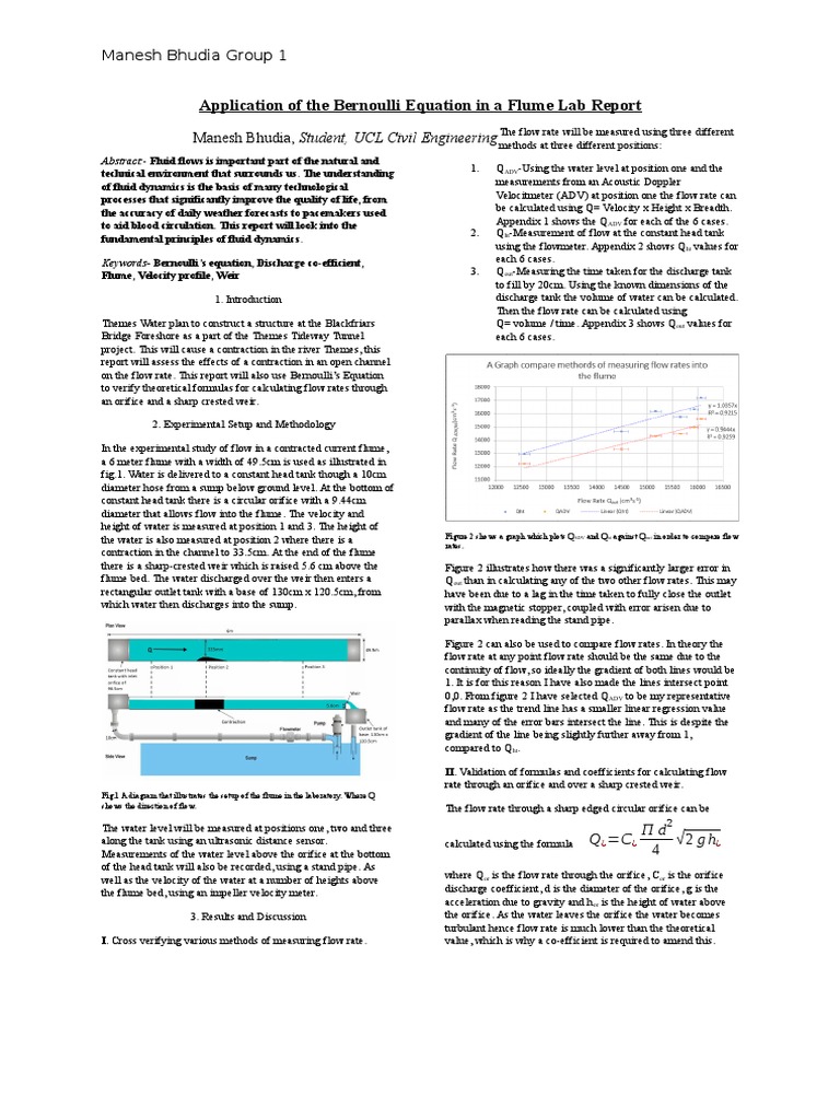 Bernoulli Equation in A Flume Lab Report | PDF | Fluid Dynamics | Flow ...