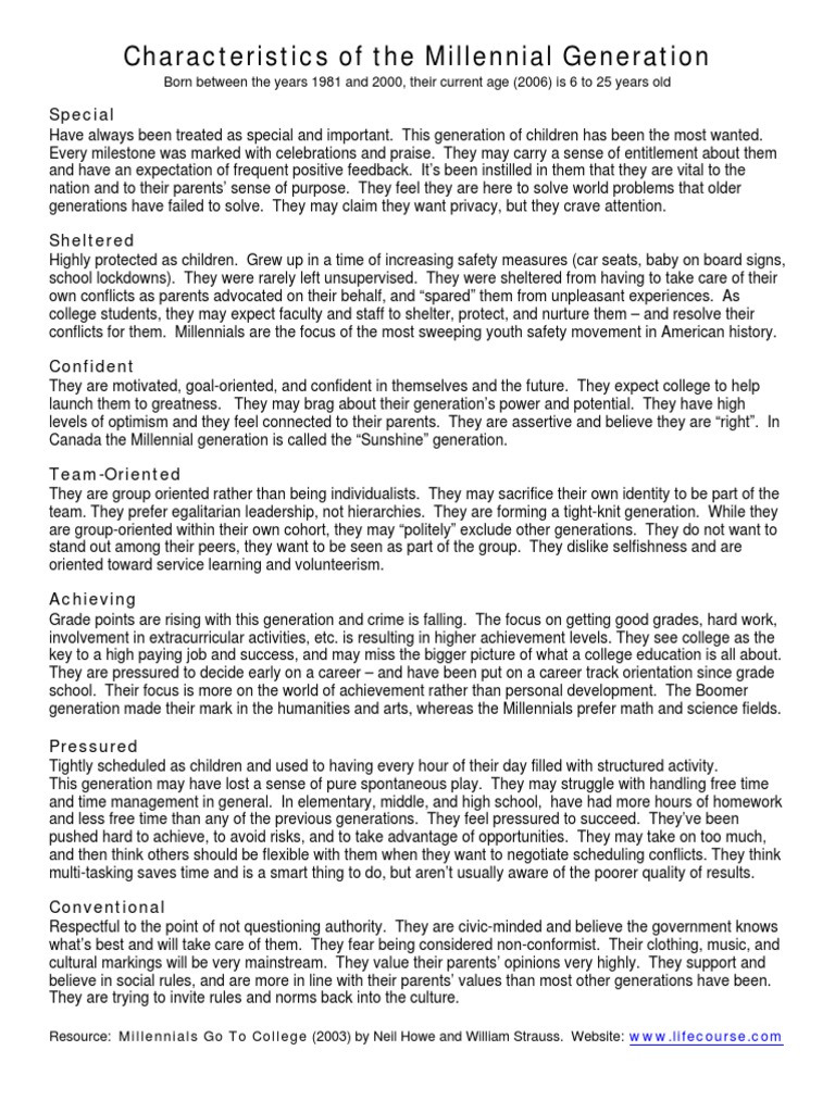 Characteristics of The Millenial Generation PDF | PDF | Millennials ...