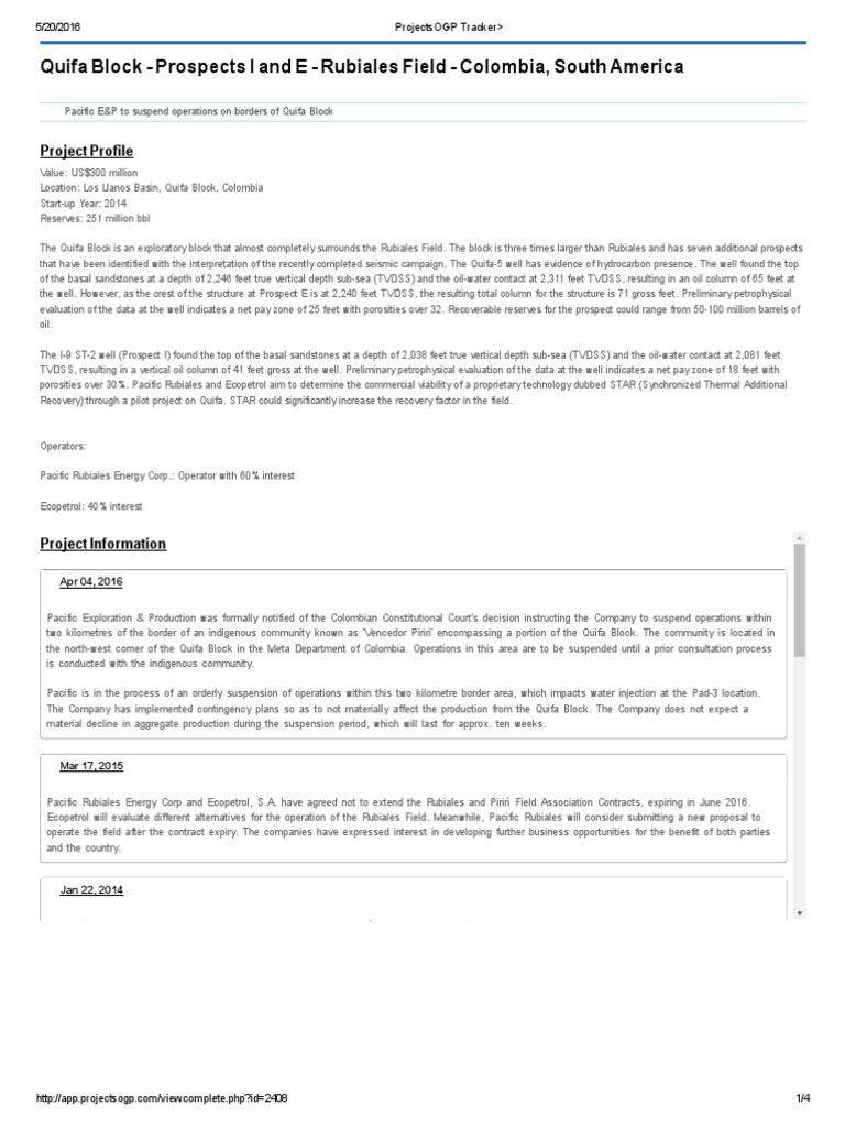 Quifa Block - Prospects I and E - Rubiales Field - Colombia, South ...