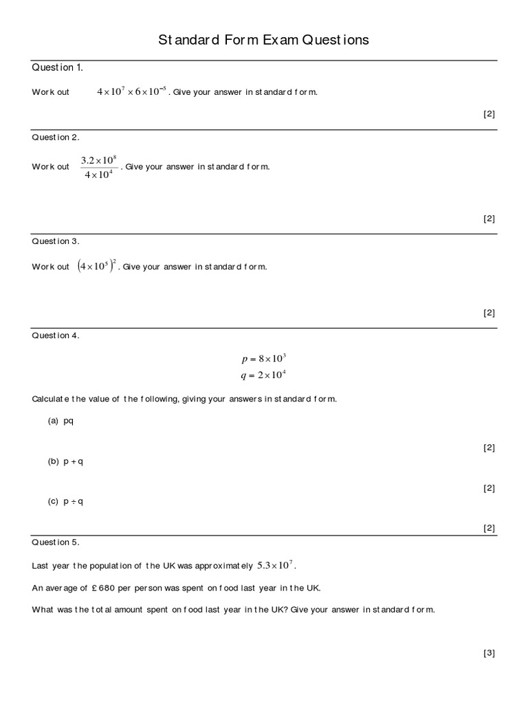 Standard Form Exam Questions and Solutions | PDF | Teaching Mathematics ...