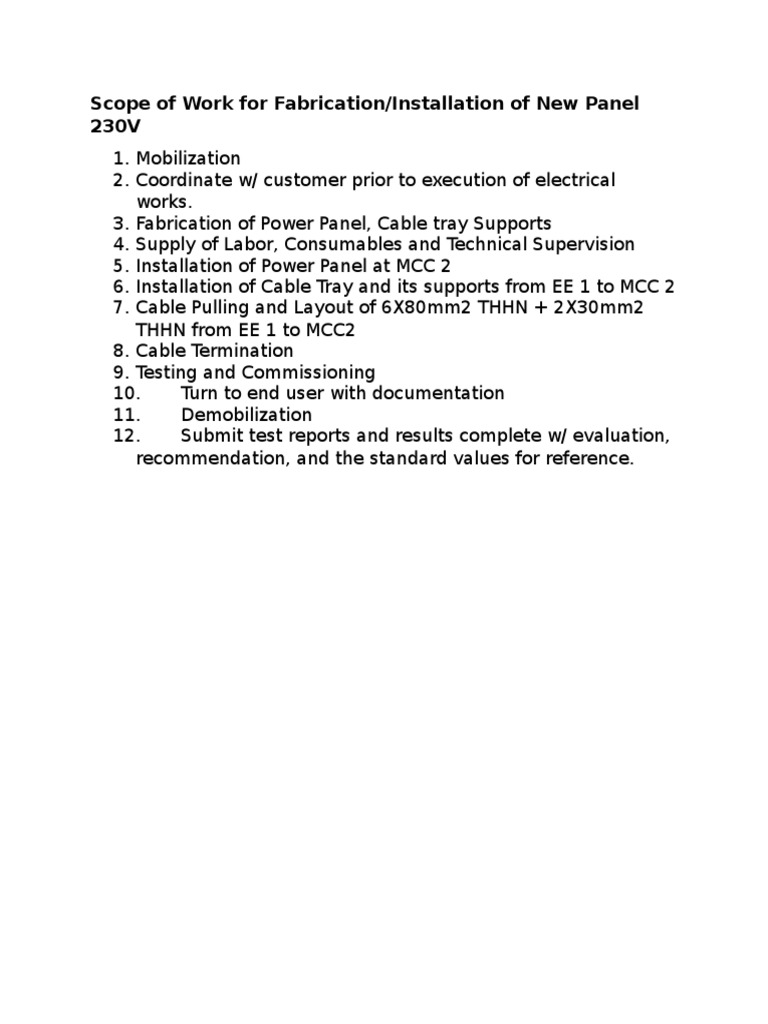 Scope of Work For Fabrication/Installation of New Panel 230V | PDF