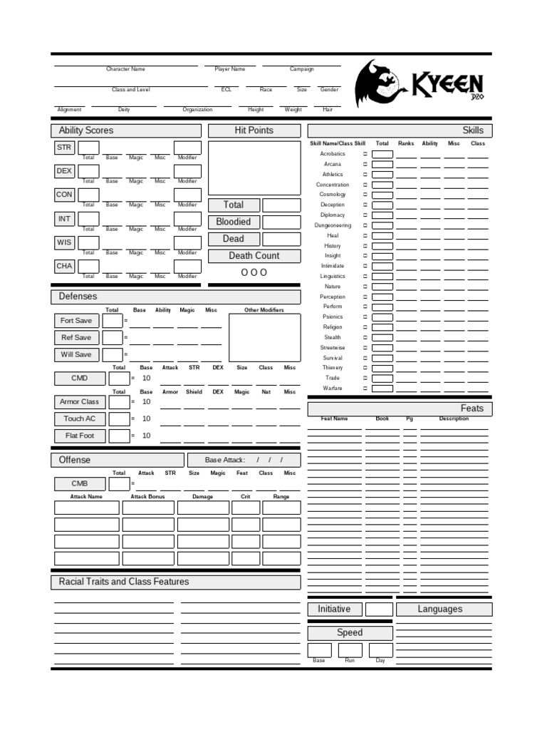 Kyeen Character Sheet | PDF | Tabletop Games | Role Playing