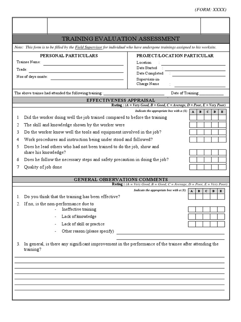Training Evaluation Sample Form | PDF | Performance Appraisal | Cognition
