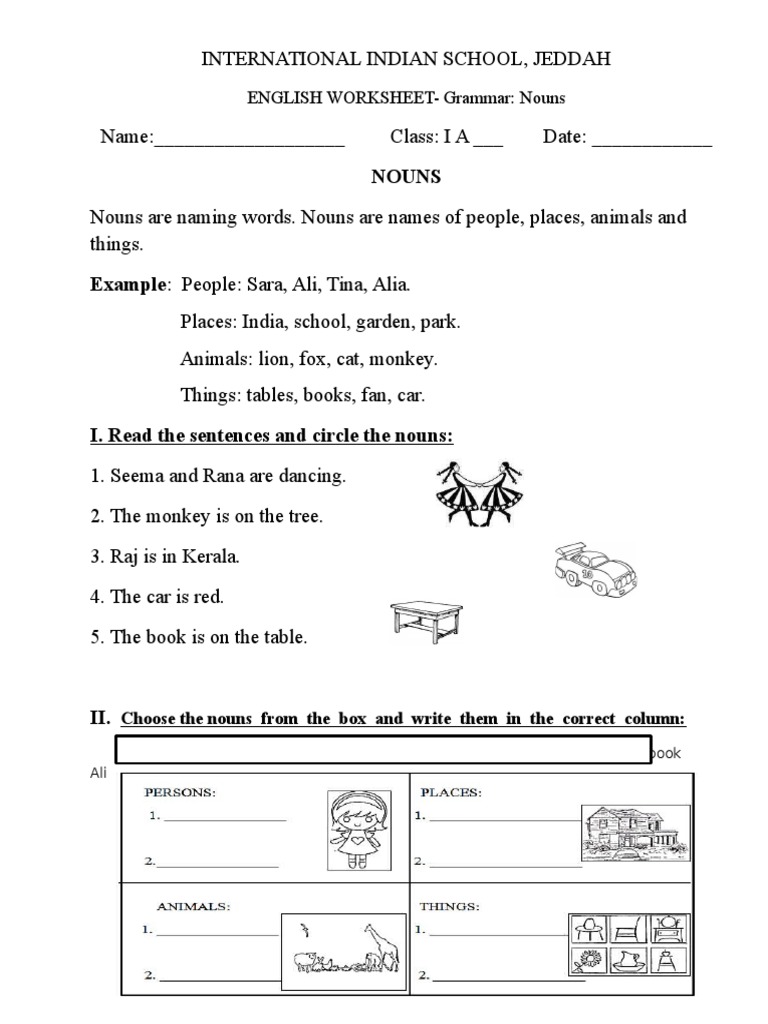 English Worksheets Class 1 Nouns Plurals Verbs Adjectives and ...