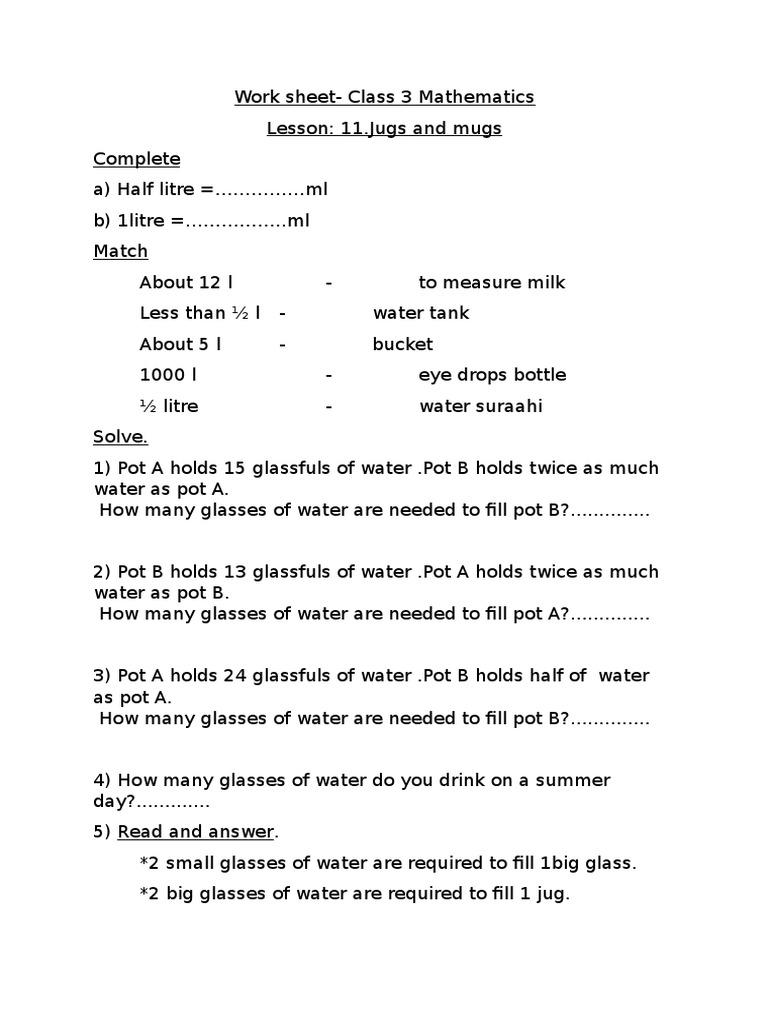 Class 3 Maths Worksheet: Jugs and Mugs | PDF