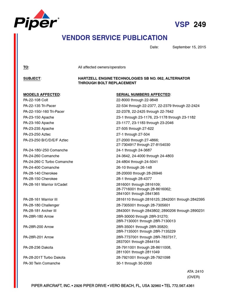 HET SB No. 062: Alternator Bolt Recall | PDF | Piper Aircraft | Aircraft