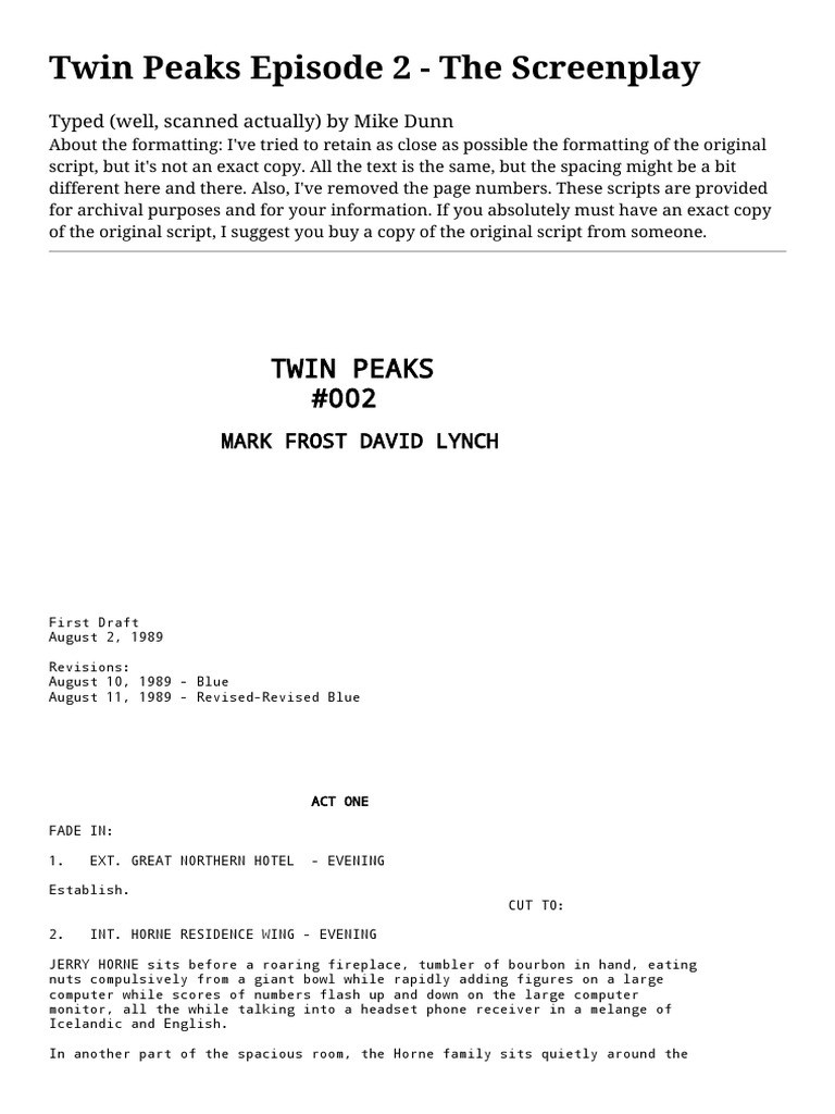 Twin Peaks Episode 2 Script | PDF | Tibet | Dalai Lama