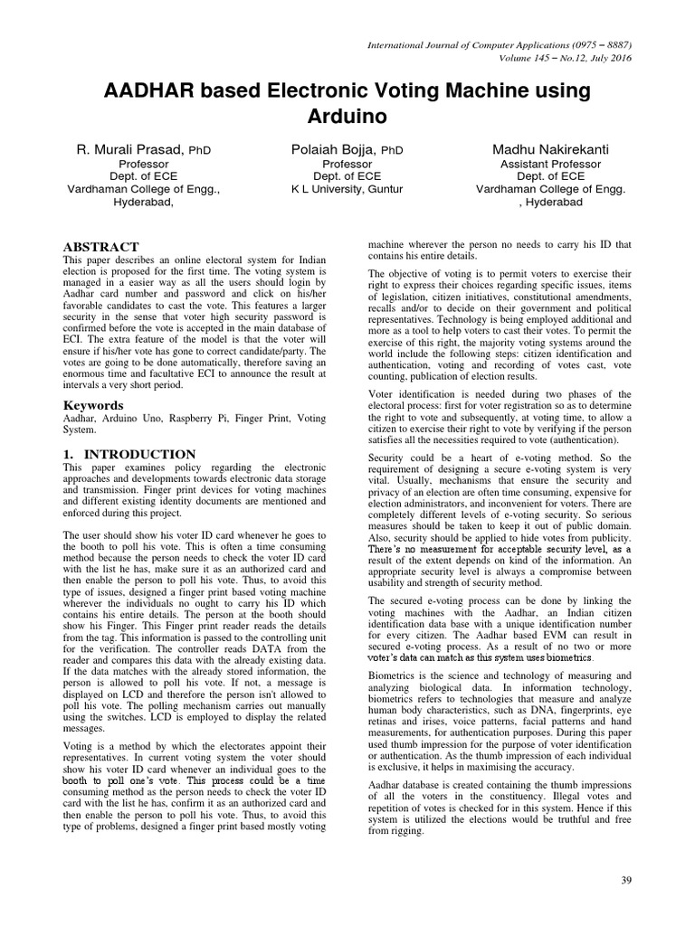 Aadhar Based Electronic Voting Machine PDF | PDF | Electronic Voting ...