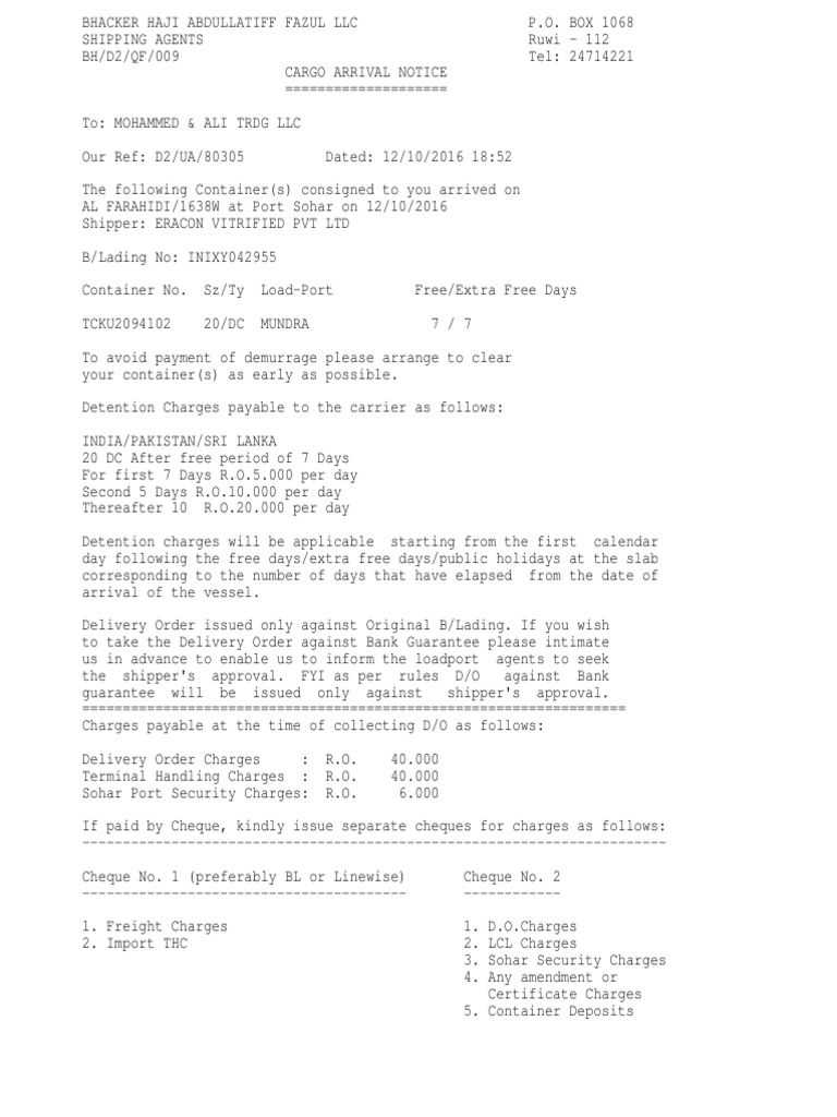 Cargo Arrival Notice | Cargo | Cheque