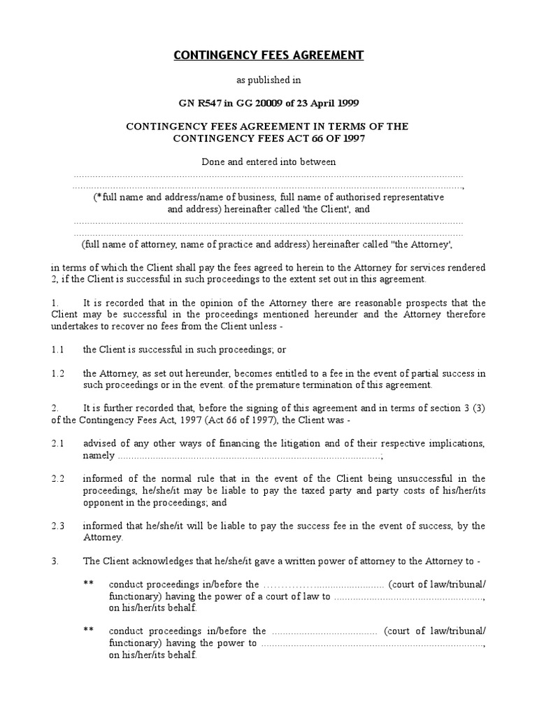 Contingency Fees Agreement Form | Download Free PDF | Lawyer ...