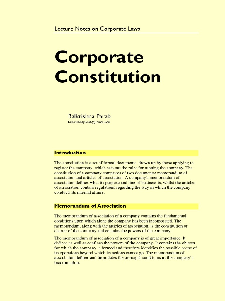 Law 05 Company Law 04 Corporate Constitution Notes 20170314 Parab | PDF ...