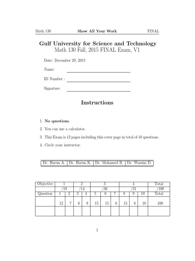 Gulf University For Science and Technology Math 130 Fall, 2015 FINAL Exam, V1 | PDF | Maxima And ...