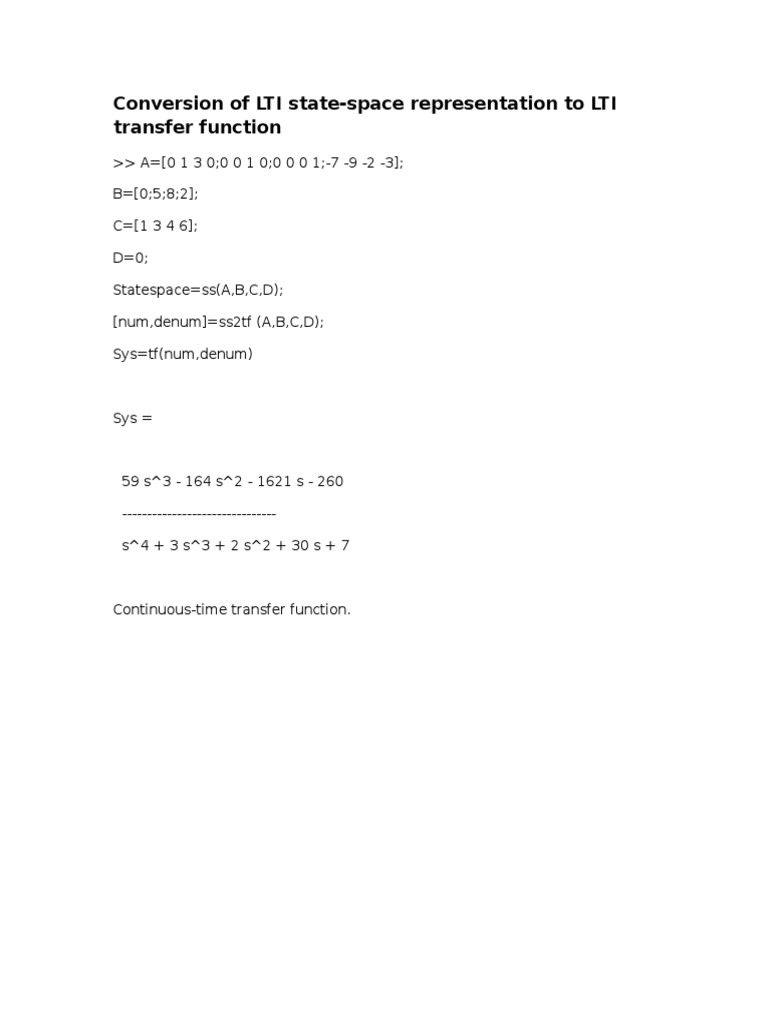 Conversion of LTI State-Space Representation To LTI Transfer Function | PDF