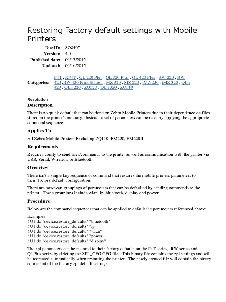 Zebra QLN420 Printer Factory Defaults | PDF | Printer (Computing ...