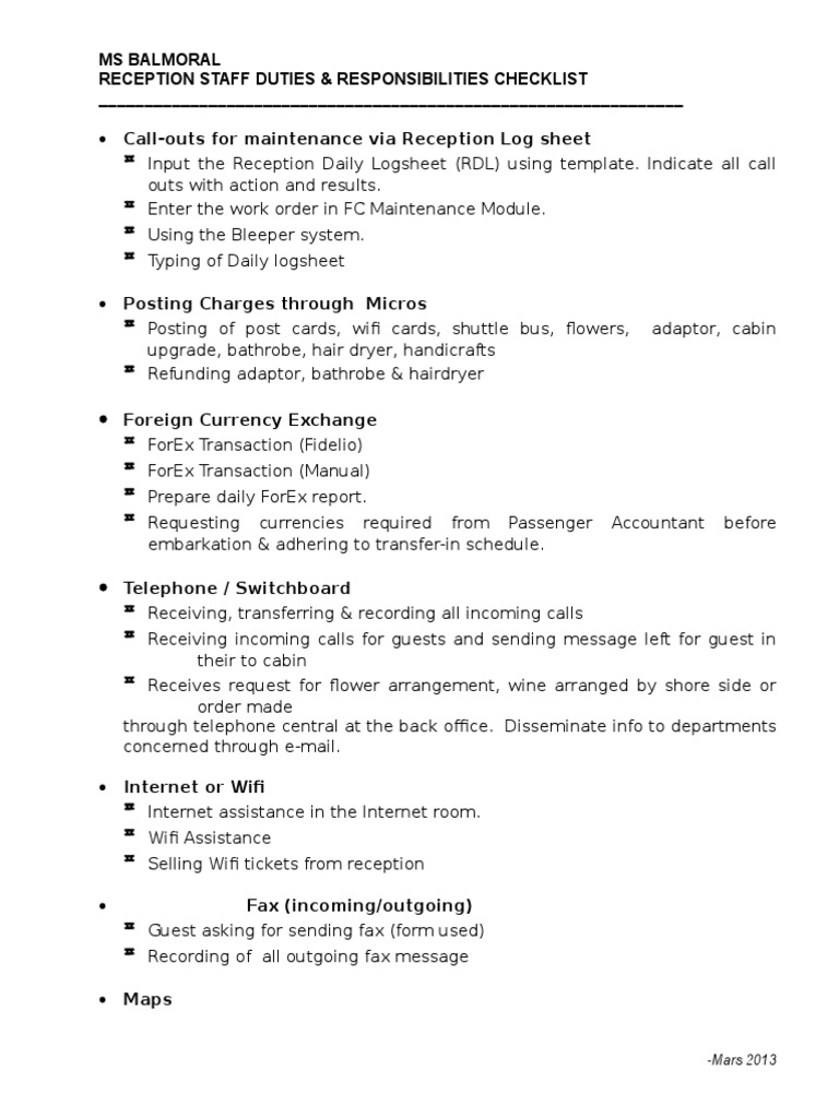 MS BALMORAL RECEPTION STAFF DUTIES: A COMPREHENSIVE CHECKLIST FOR ...
