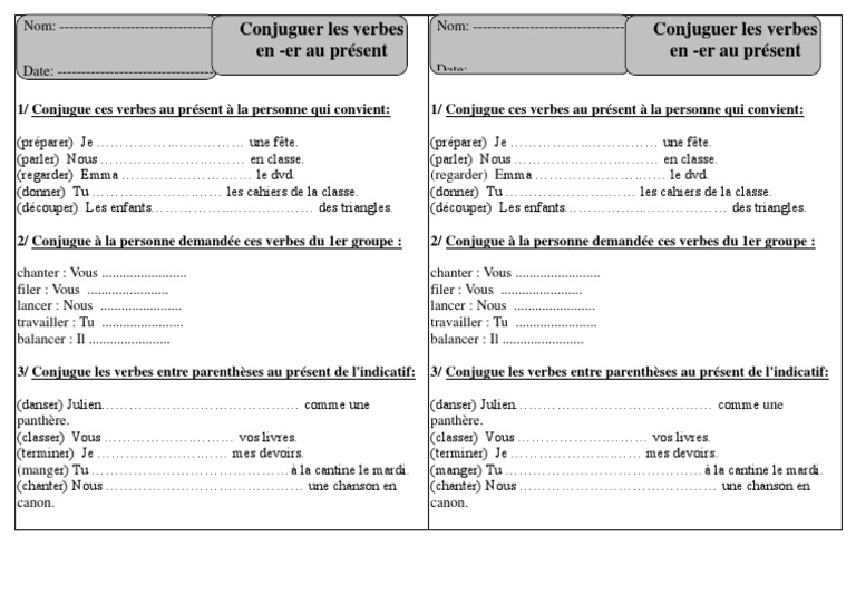 Exercices 1 Verbes en Er Présent – Ce1 – Conjugaison – Exercices ...