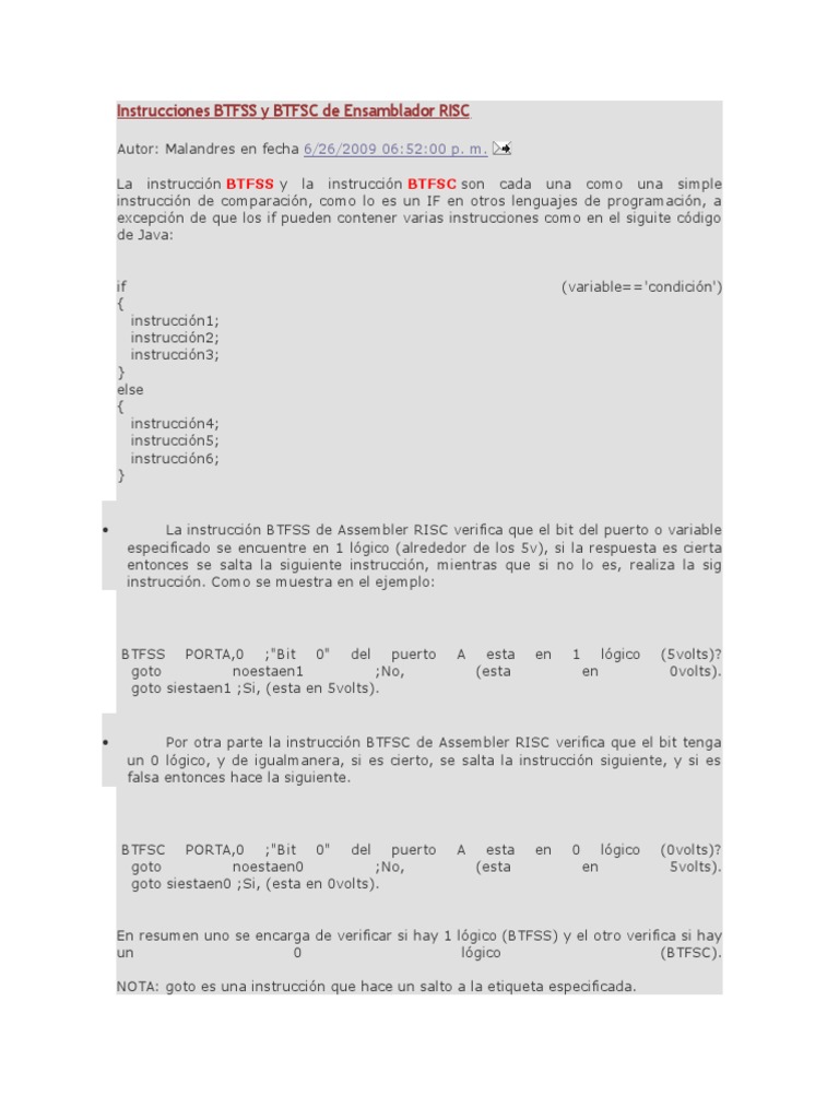 Instrucciones BTFSS y BTFSC de Ensamblador RISC | PDF