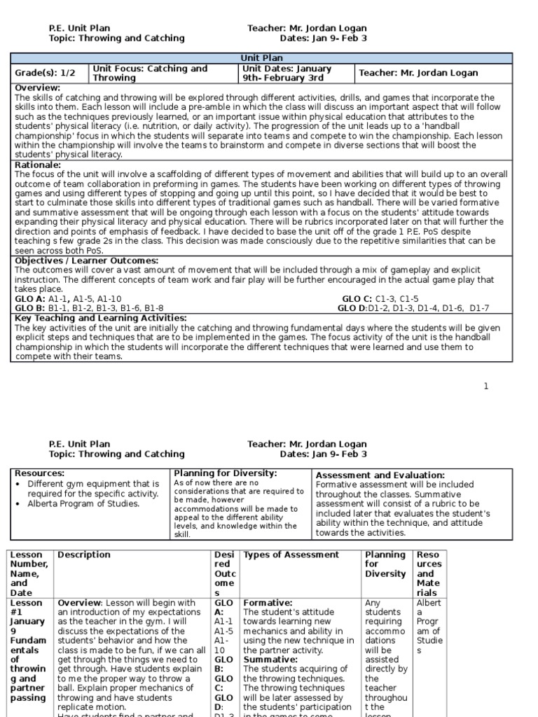 Grade 1/2 P.E. Throwing & Catching Unit | PDF | Physical Education ...