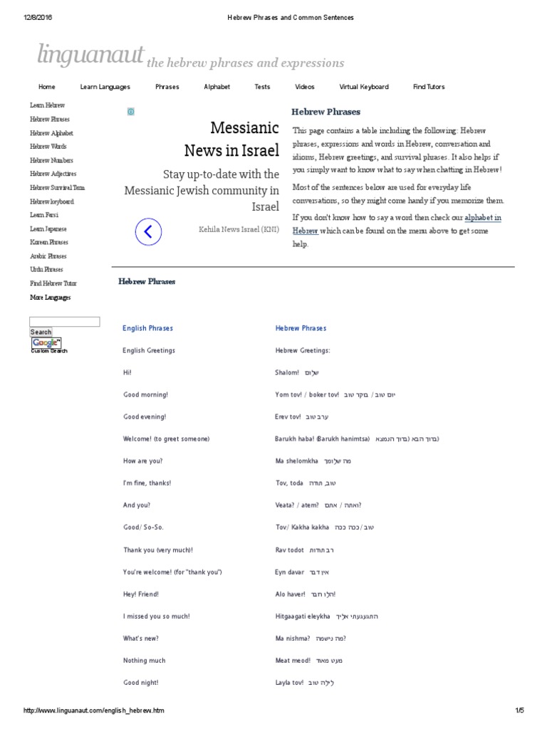 Hebrew Phrases and Common Sentences | PDF | Hebrew Language | Languages ...