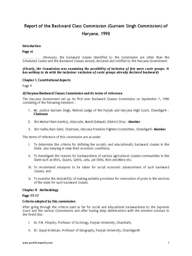 Report of the Backward Class Commission (Gurnam Singh Commission) of Haryana 1990 | PDF ...