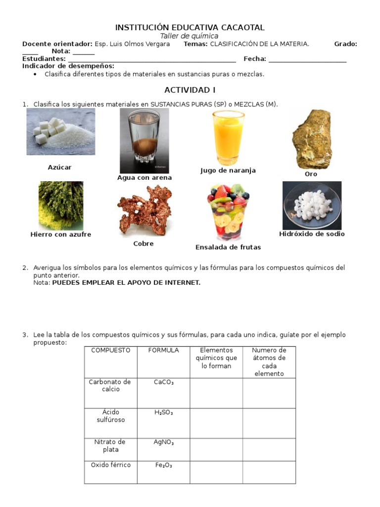 Taller Clasificación de La Materia | PDF | Elementos químicos | Mezcla