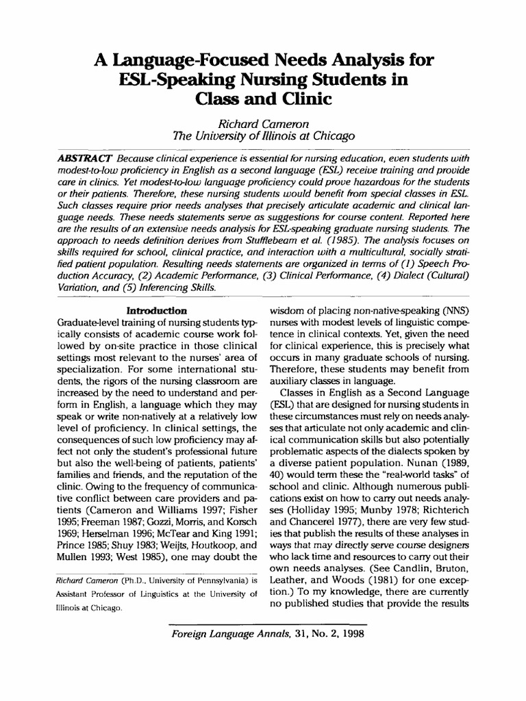A Language-Focused Needs Analysis For ESL-Speaking Nursing Students in ...