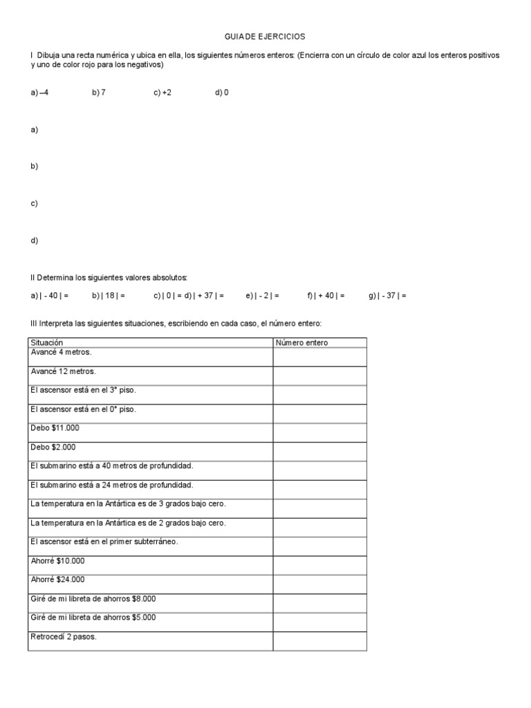 Prueba Numeros Negativos y Positivos 7° (Suma y Resta) | PDF | Entero ...
