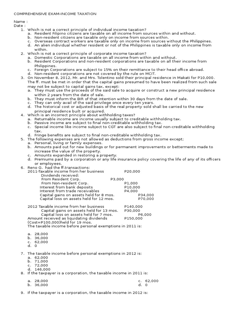 Comprehensive Exam-Income Taxation | PDF | Capital Gains Tax | Employee ...