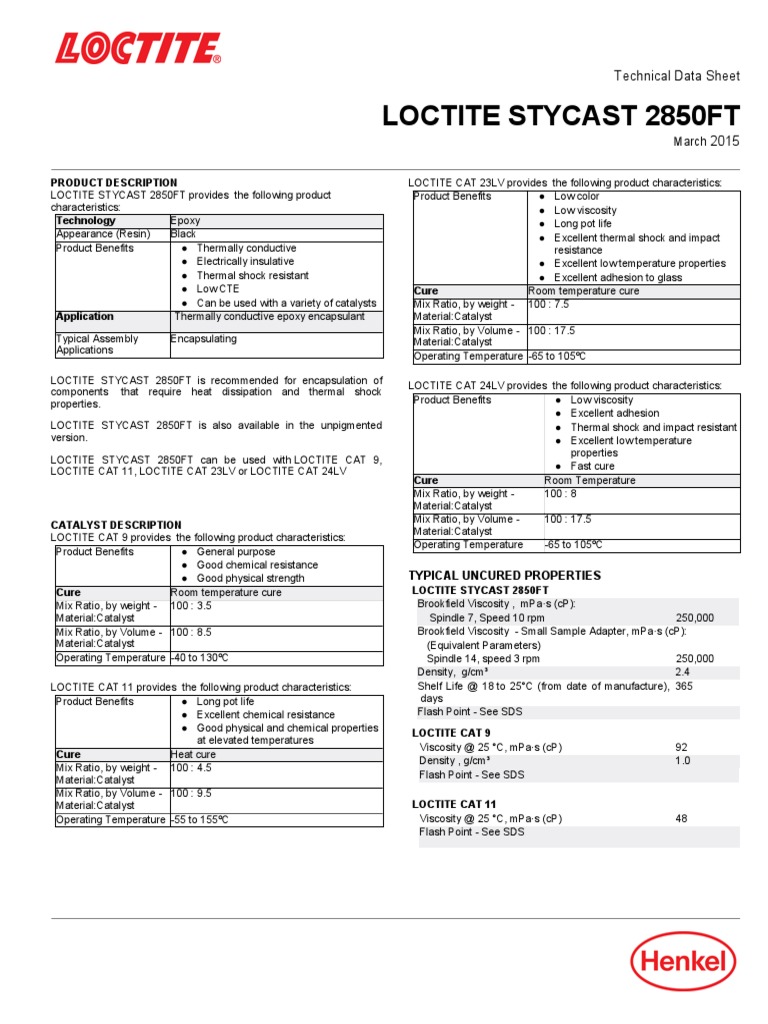 Stycast 2850FT | PDF | Epoxy | Viscosity