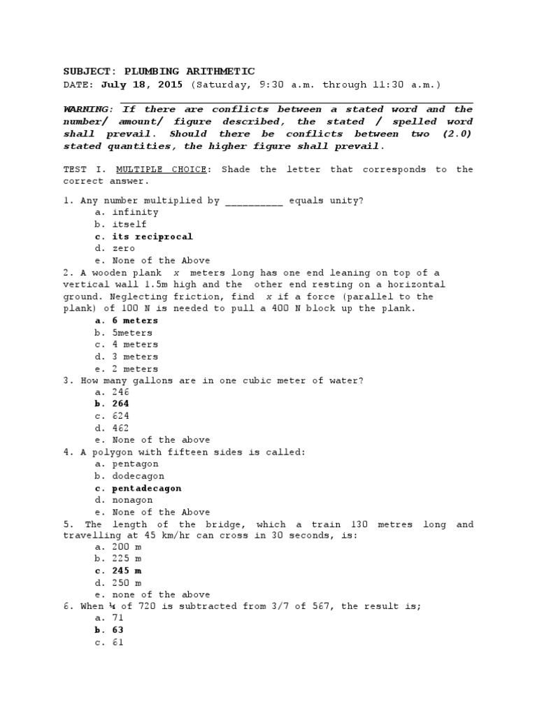 Mock Board For Math Master Plumbing Arithmetic 2015 (Answer Key) | PDF | Triangle | Volume