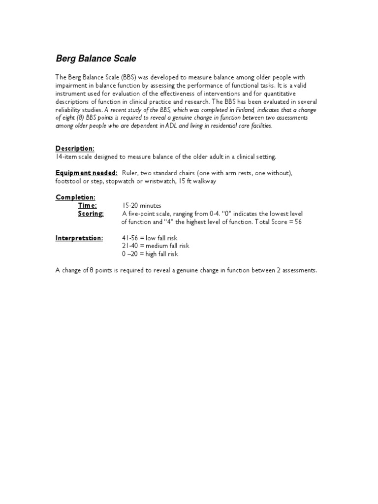 Berg Balance Scale PDF | PDF | Chair | Educational Assessment