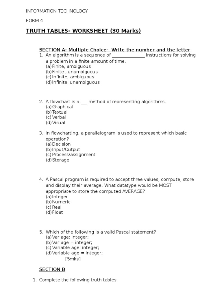 Truth Tables and Algorithms Worksheet | PDF | Teaching Methods & Materials