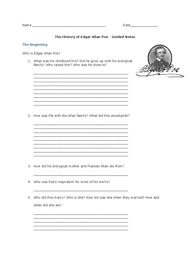 The Beginning: The History of Edgar Allan Poe - Guided Notes | Download ...