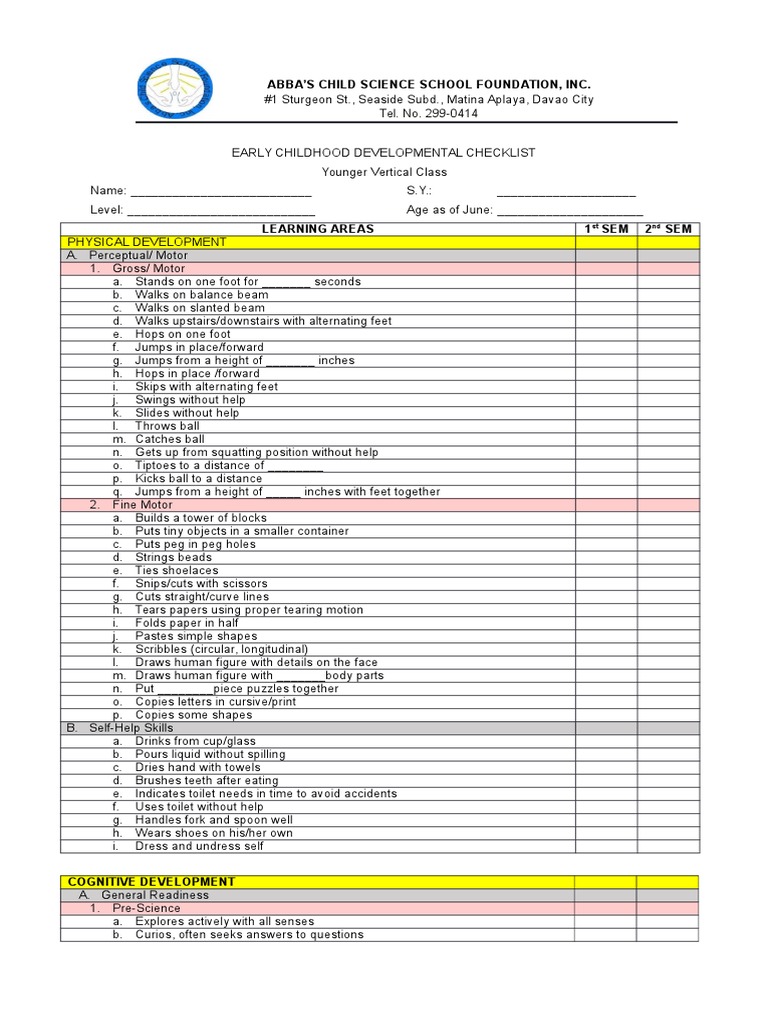 Early Childhood Development Checklist | PDF | Time | Reading (Process)
