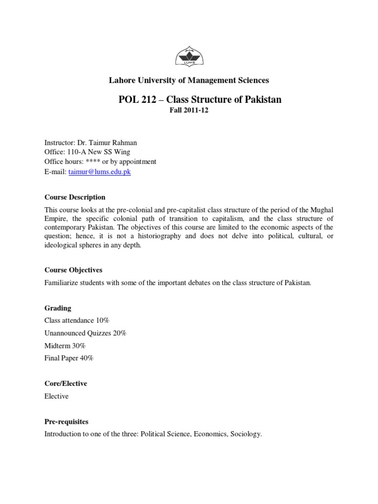 POL 212-Class Structure of Pakistan | PDF | Pakistan | Muhammad Zia Ul Haq