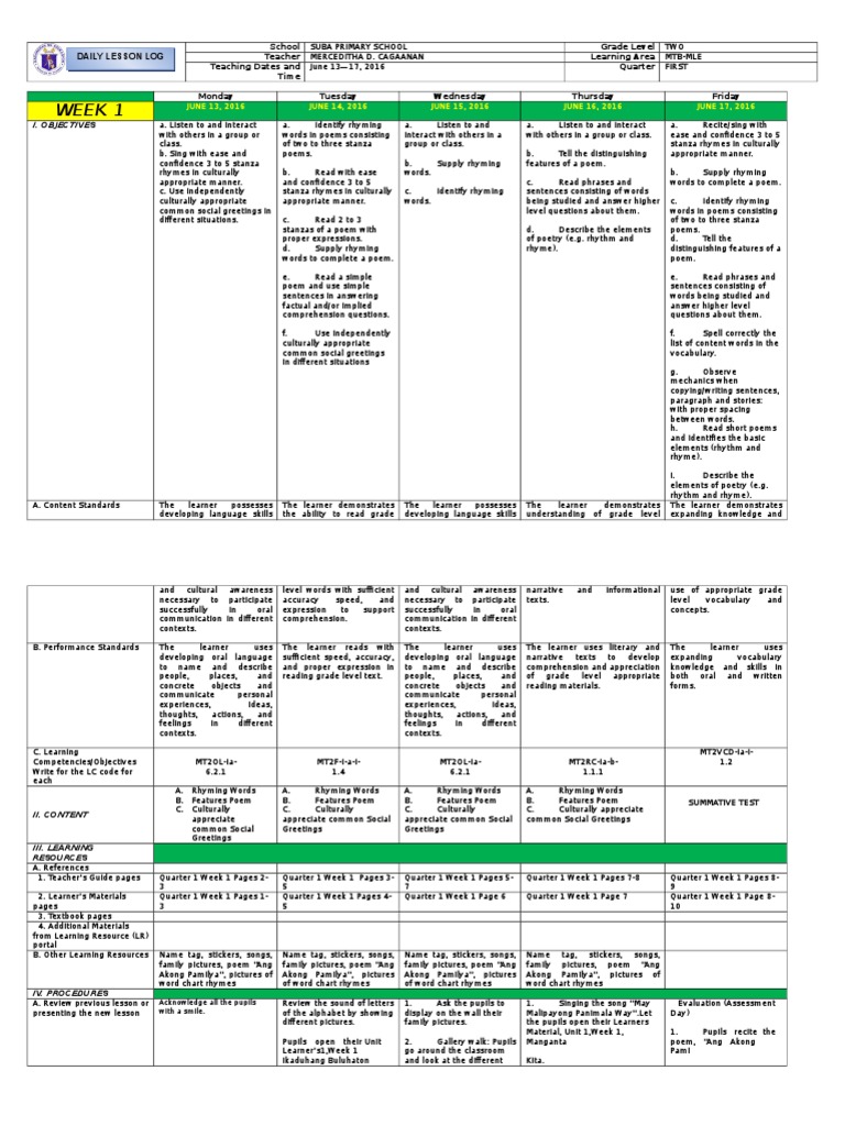 Mtb-Mle DLL Grade 2 (q1-w1) | PDF | Reading Comprehension | Poetry