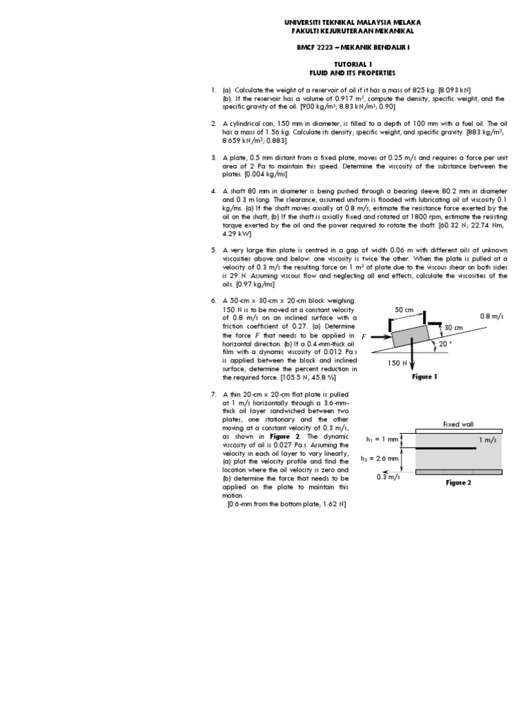 Tutorial 1 - BMCG 2613 - Fluid Properties PDF | PDF | Viscosity | Force