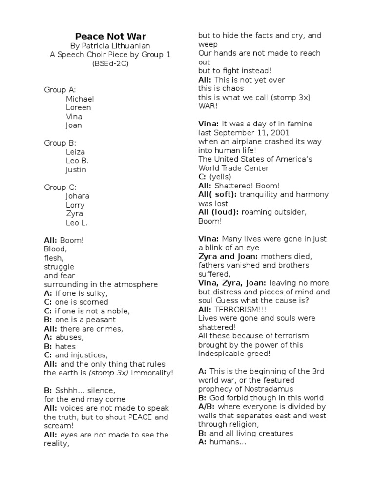 Peace Not War - Speech Choir | PDF