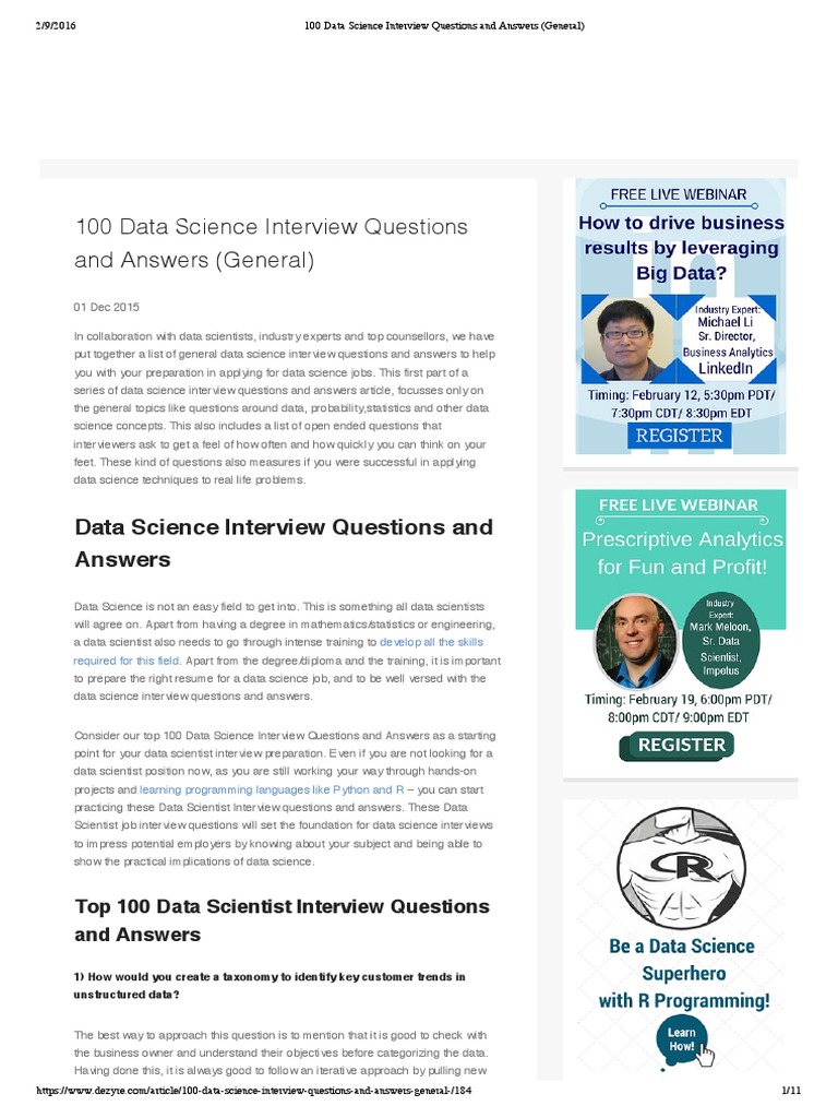 100 Data Science Interview Questions and Answers (General) | Download ...