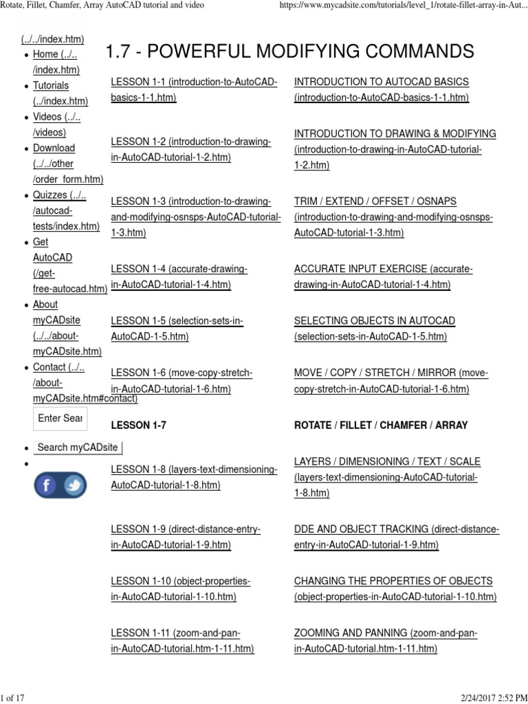 Lesson 1-7 Rotate, Fillet, Chamfer, Array AutoCAD Tutorial and Video | PDF | Array Data ...
