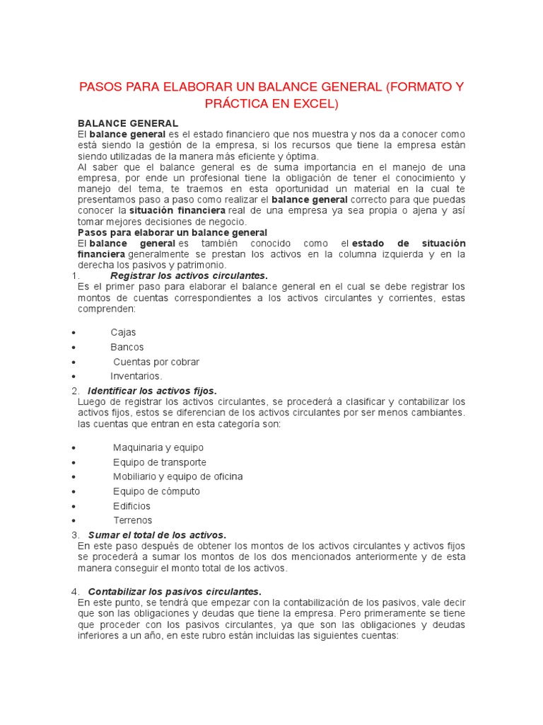 Pasos para Elaborar Un Balance General | PDF | Hoja de balance | Bancos