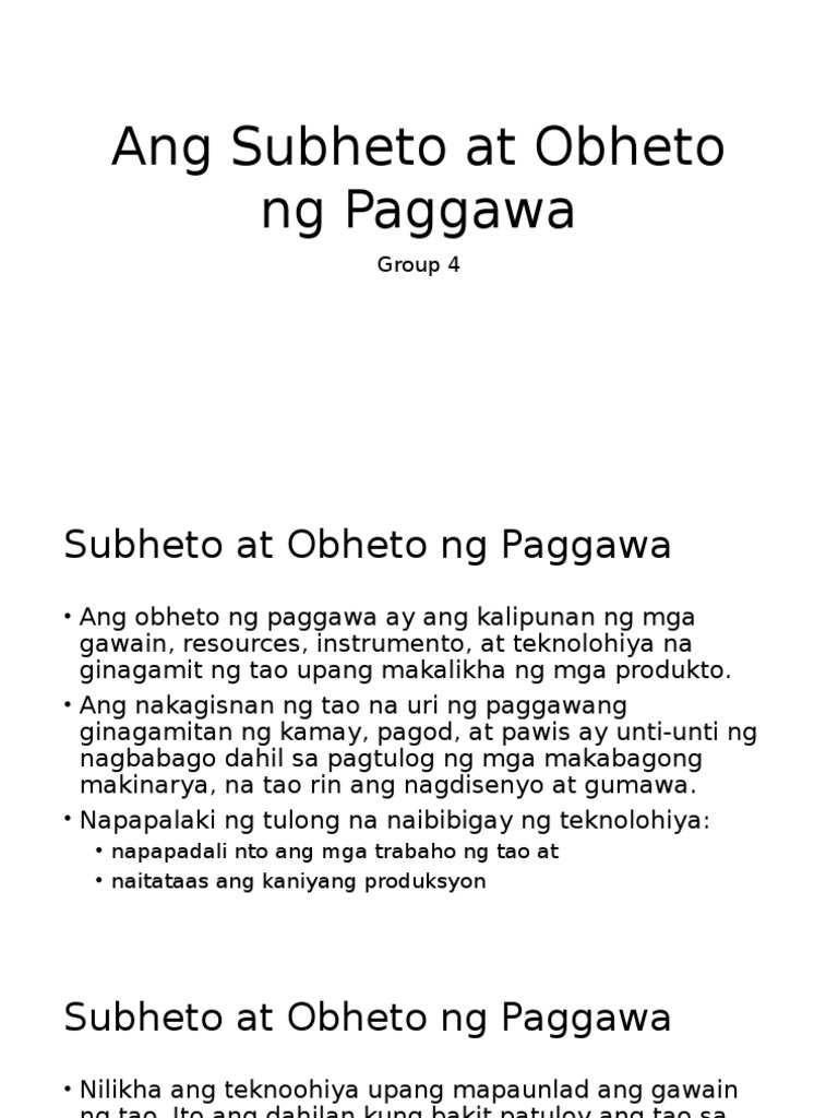 Ang Subheto at Obheto Ng Paggawa