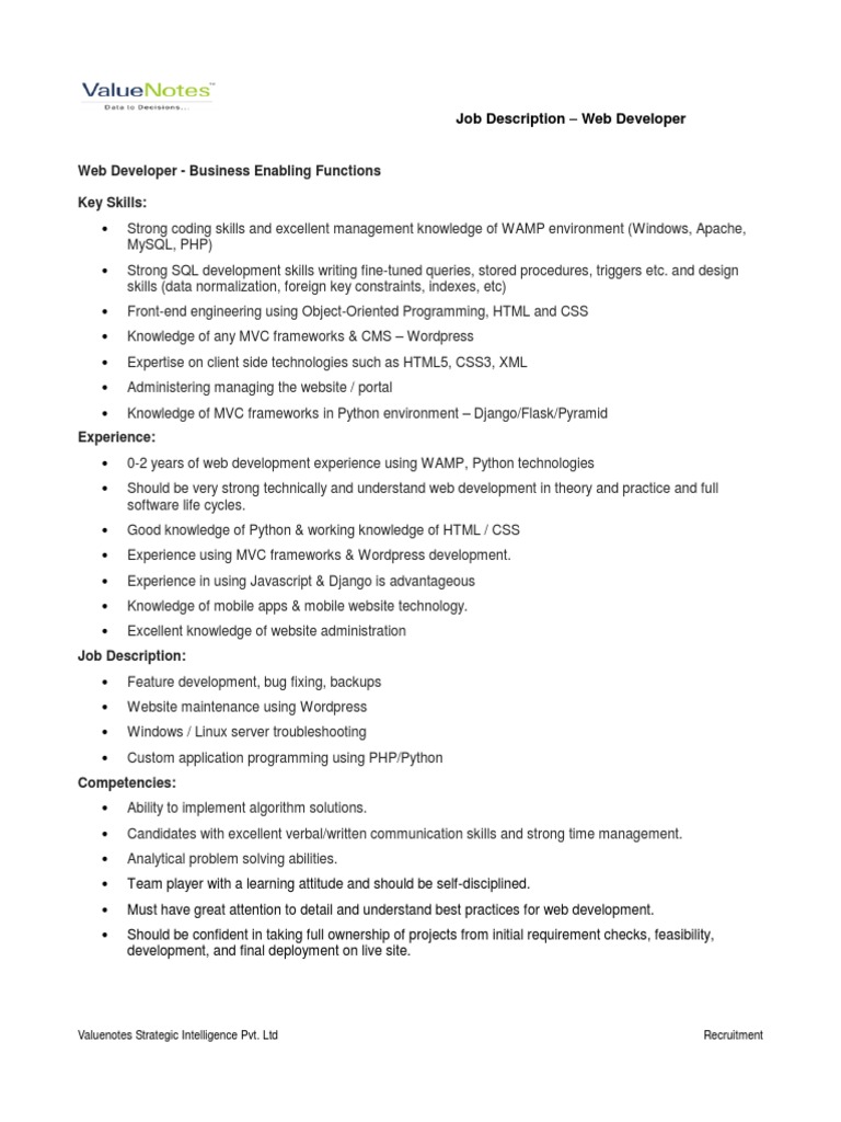 Job Description - Web Developer | PDF