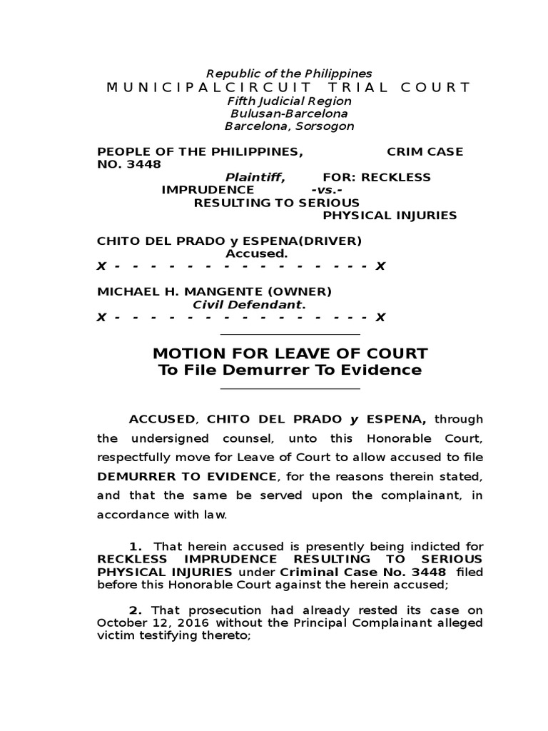 Motion For Leave of Court To File Demurrer To Evidence | PDF | Demurrer ...