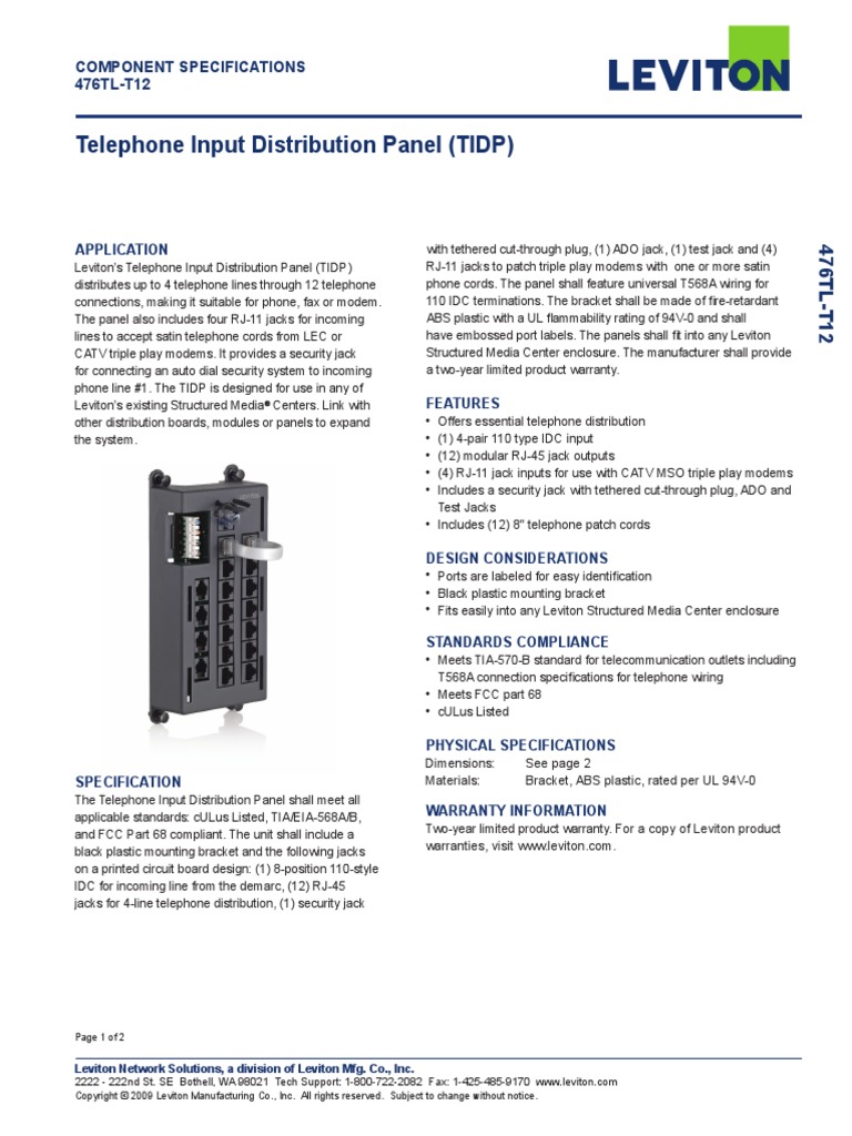 Telephone Input Distribution Panel (TIDP) : Component Specifications ...