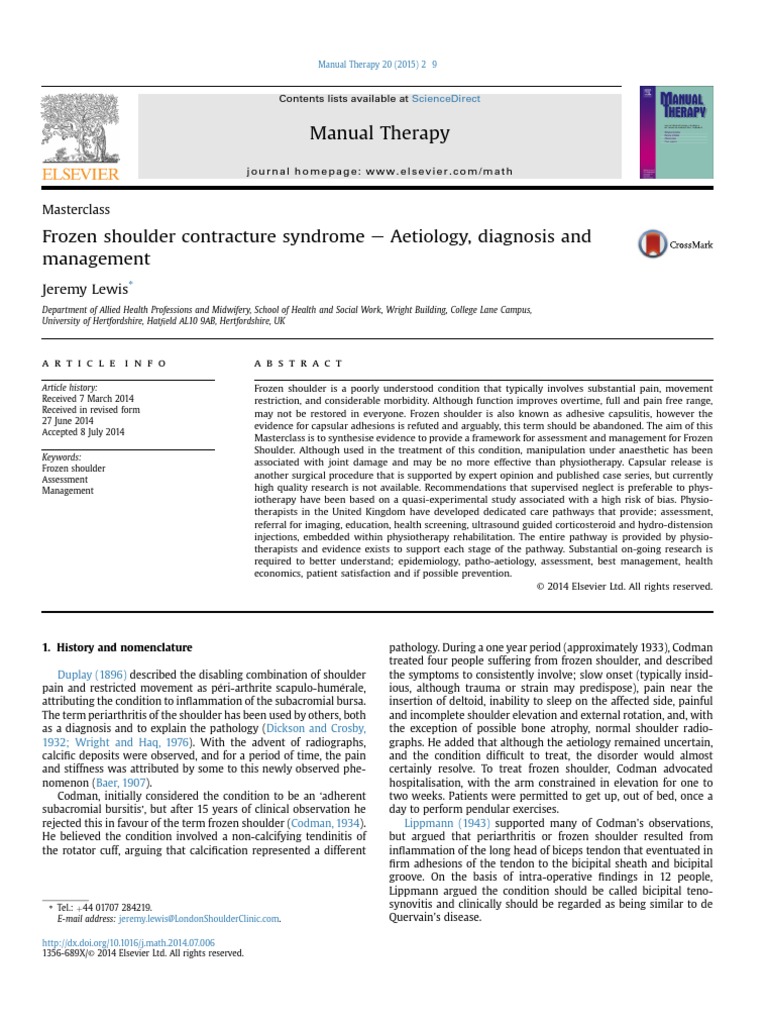 Frozen Shoulder Contracture Syndrome Aetiology Diagnosis and Management ...