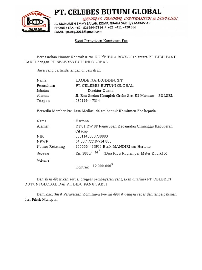 Surat Pernyataan Komitmen Fee | PDF