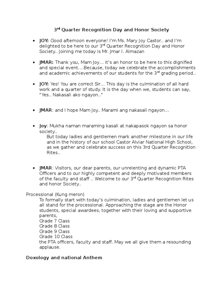3rd Quarter Recognition Day and Honor Society Script | PDF